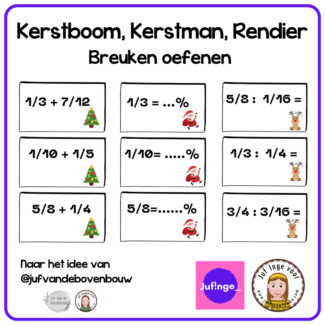 Breuken oefenen met het spel Kerstboom, Kerstman, Rendier - Juffrouw Femke